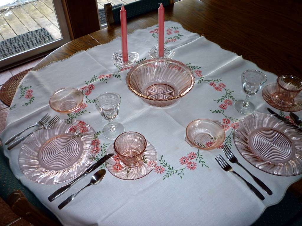 Pink Depression Glass and Fanciful Crystal for Tablescape Thursday