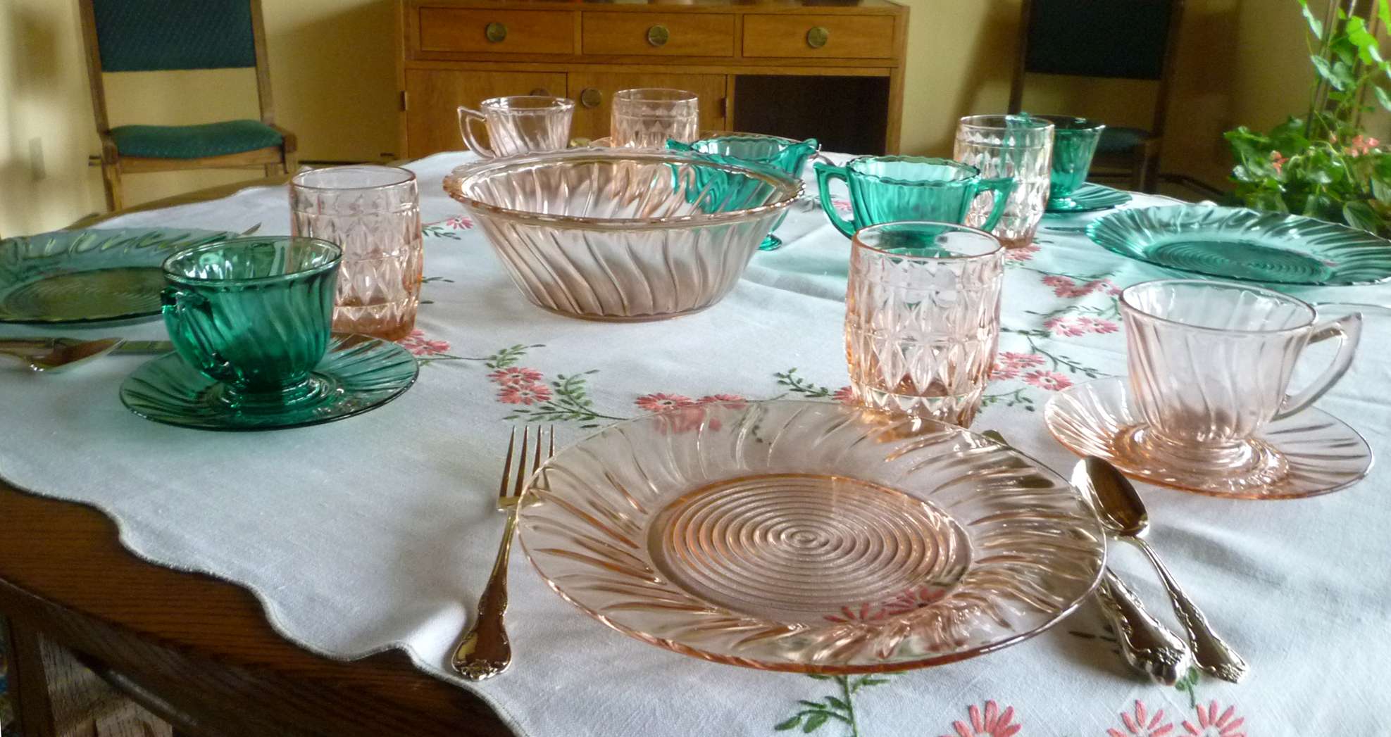 Pink and Teal with Swirls and Diamonds – Depression Glass Tablescape ...