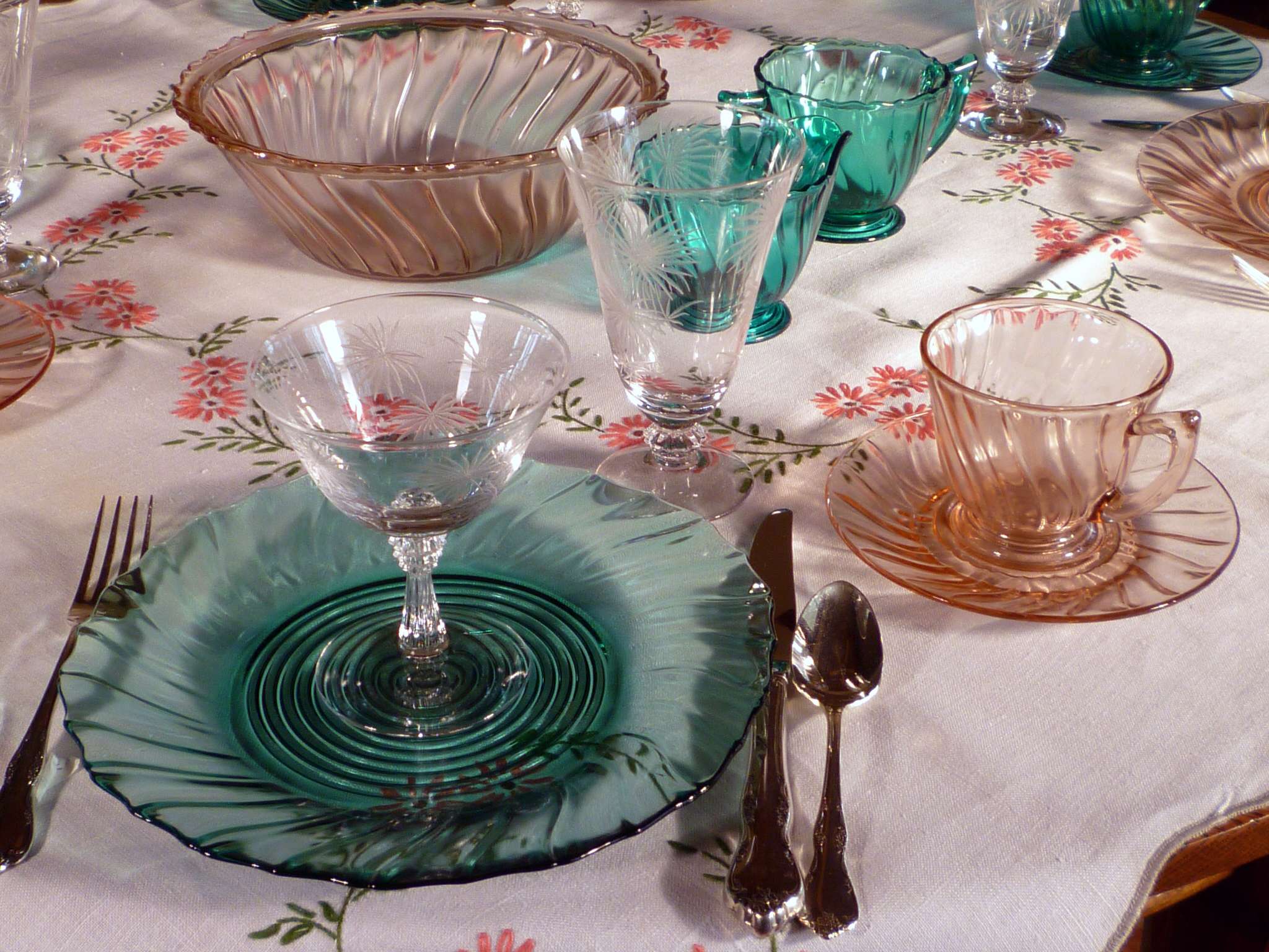 Teal and Crystal – Swirl and Fireworks – Depression Glass and Lido
