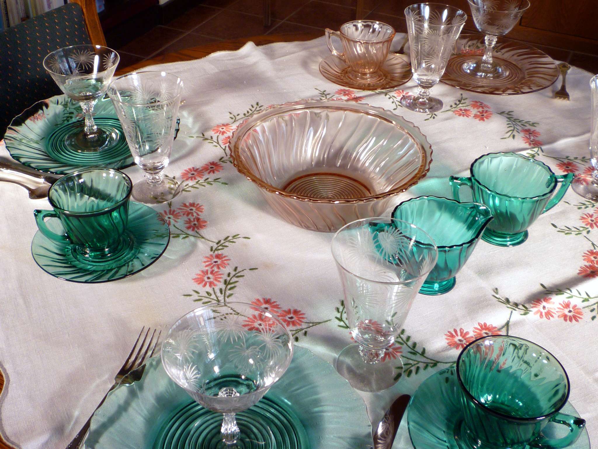 Teal and Crystal – Swirl and Fireworks – Depression Glass and Lido