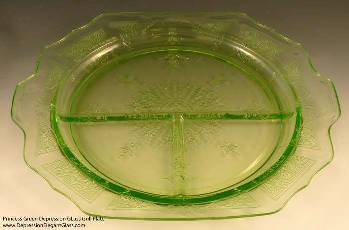 Princess Green Depression Glass Grill Plate with Closed Tab Handles